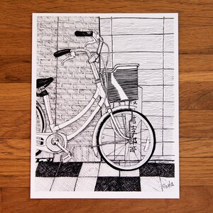 Japan Travel Ink Art, Kyoto Bicycle Ink and Pen Print, Black and White ...