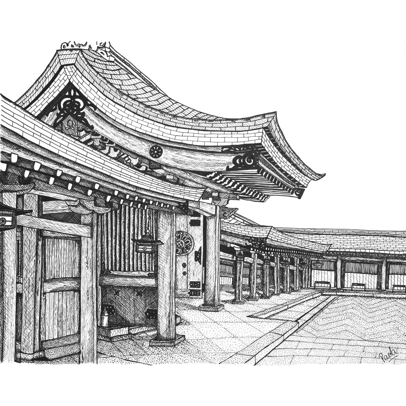 Meiji Jingu Shrine Pen Drawing: Tokyo Black and White Art Print - Etsy