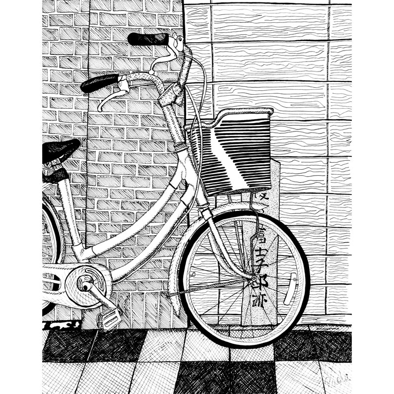 Japan Travel Ink Art, Kyoto Bicycle Ink and Pen Print, Black and White ...