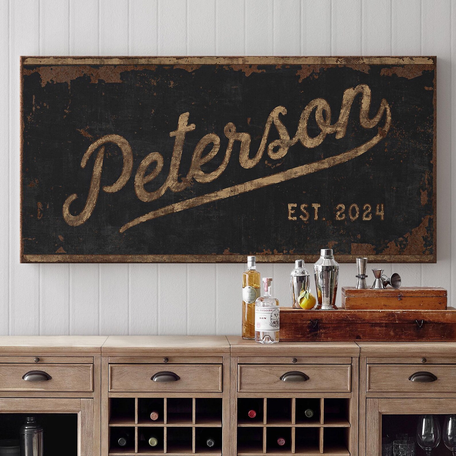 Modern Rustic Family Name Basement Bar Sign, Personalized Game Room ...