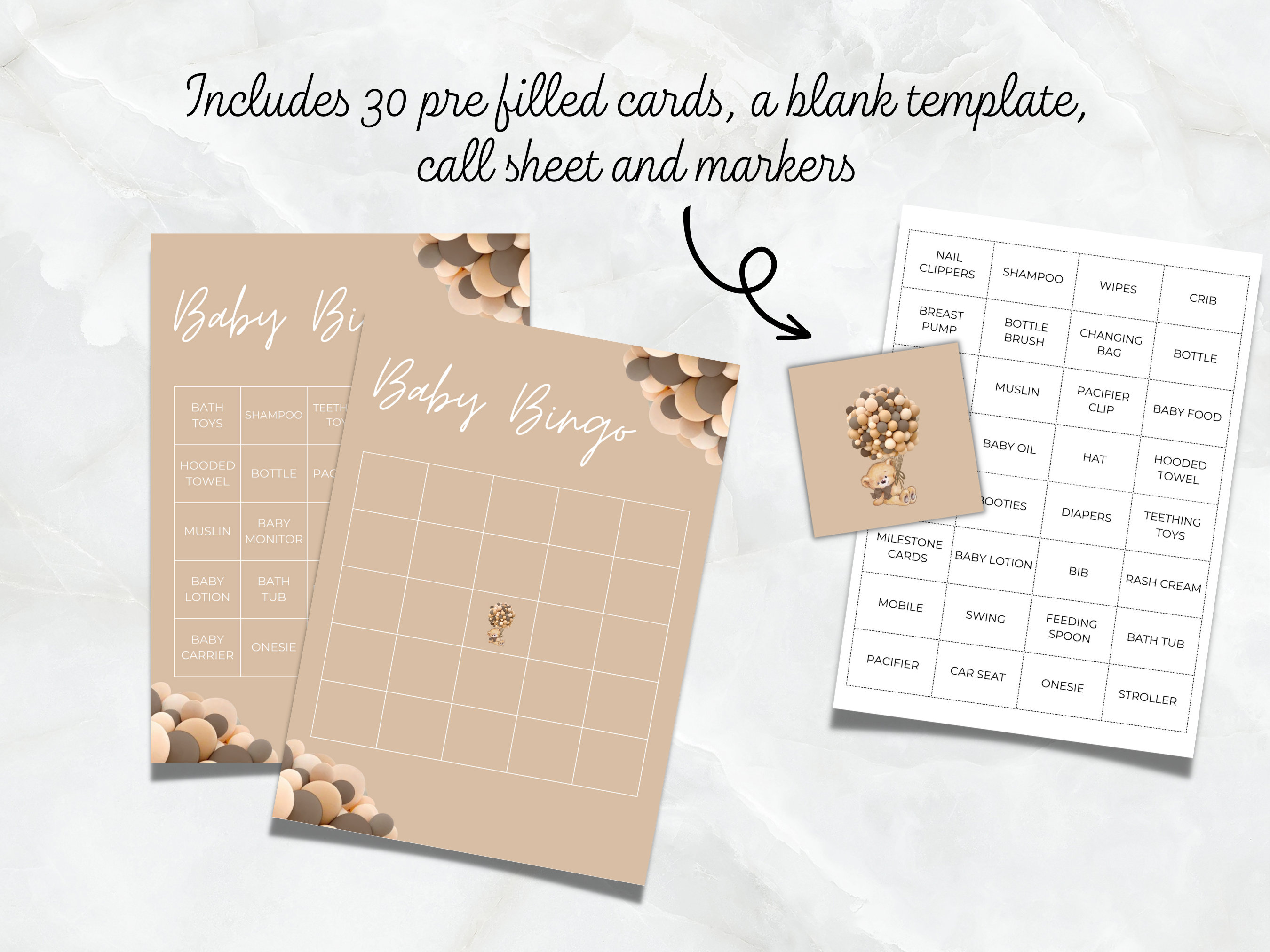 Baby Shower Bingo, Teddy Bear Balloons, Printable Bingo Cards ...
