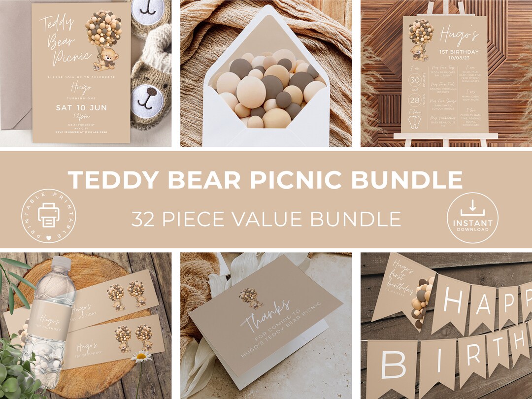 Teddy Bear Picnic Birthday Invitation Bundle, Teddy Bear Balloons ...