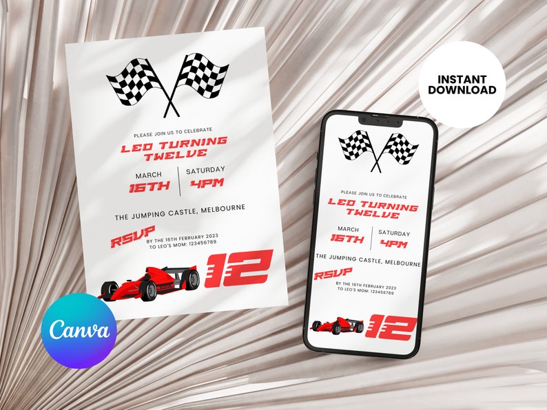 12th Birthday Invitation, Twelfth Birthday Invite, Race Car Birthday ...