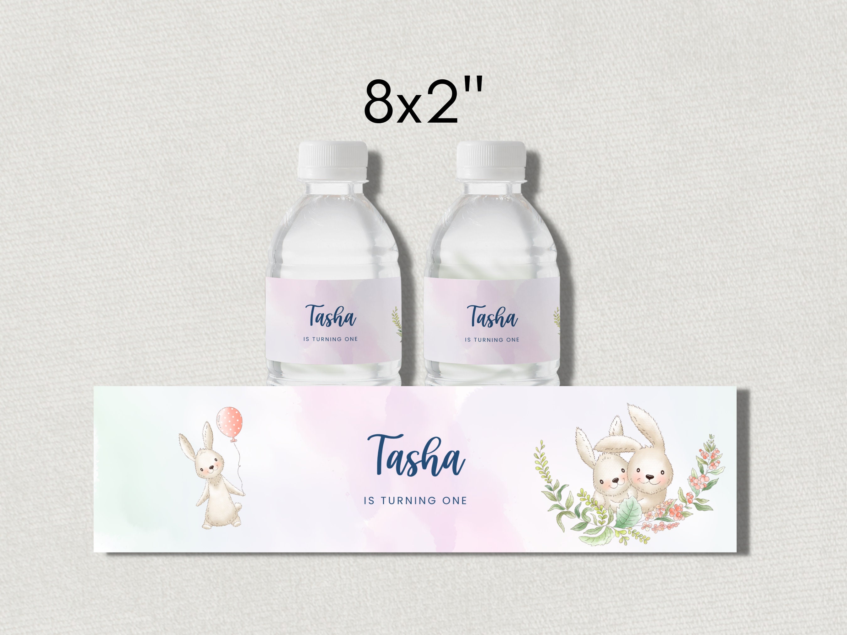 Bunny Water Bottle Label, Canva Template, Bunny Rabbit Bday Party ...