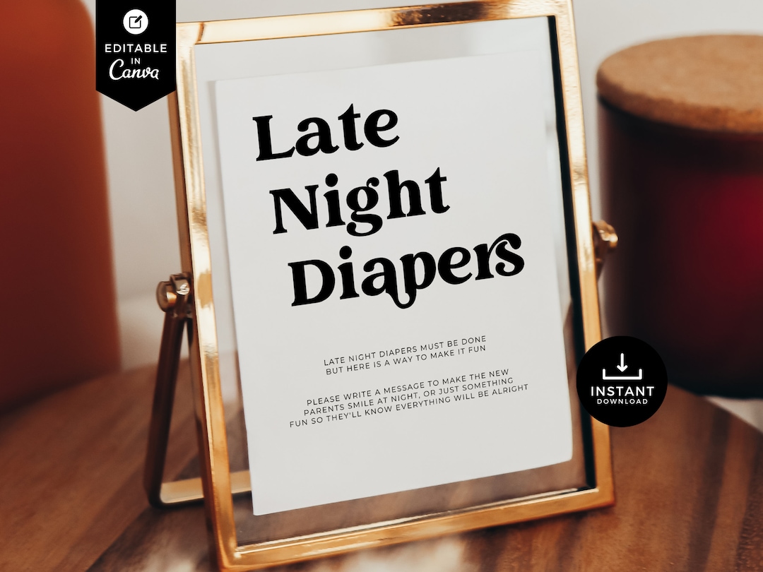 Late Night Diapers Sign, Minimalist Baby Shower, Canva Template, Baby ...