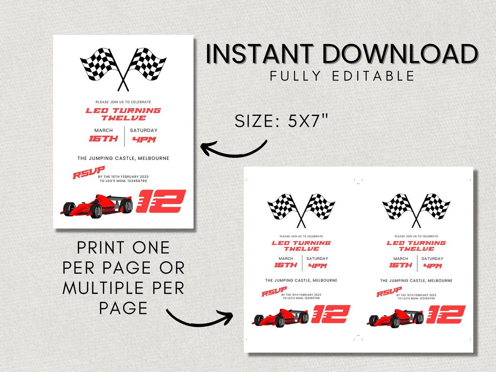 12th Birthday Invitation, Twelfth Birthday Invite, Race Car Birthday ...