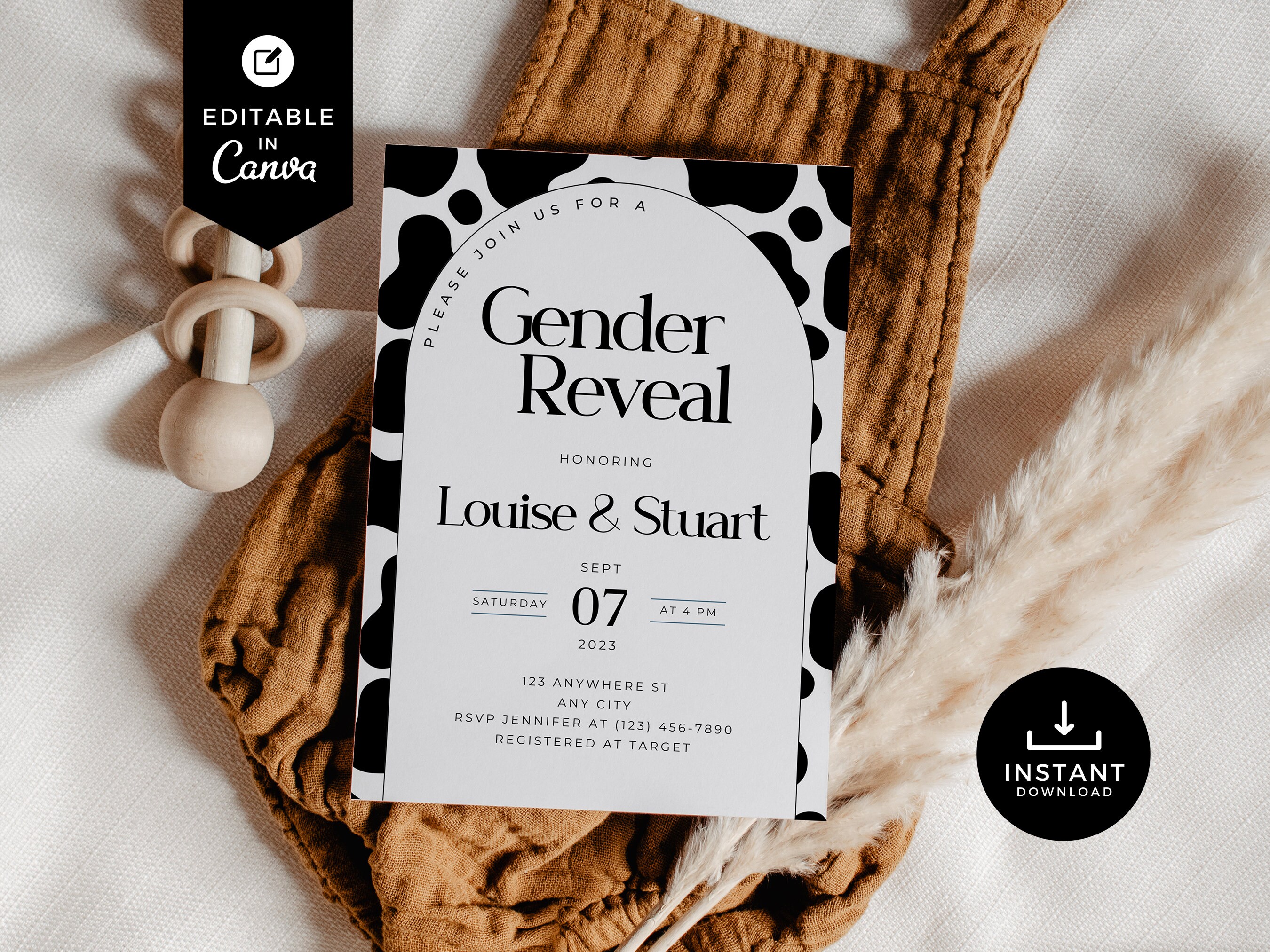 Cow Gender Reveal Invitation, Baby Shower Invite, Canva Template ...