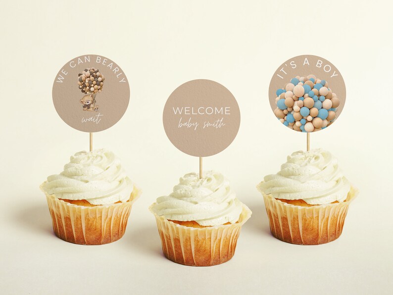 Bear Baby Shower Cupcake Toppers, Teddy Bear Balloons Baby Shower ...