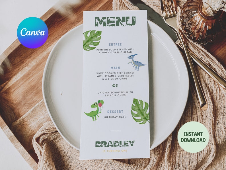 Dinosaur Birthday Party Menu, Little Dino Party, Canva Template, Kids ...