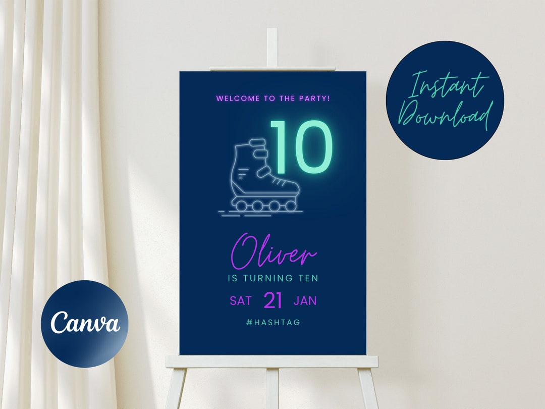 Roller Skates Welcome Sign, Skating Rink Birthday Party, Canva Template ...