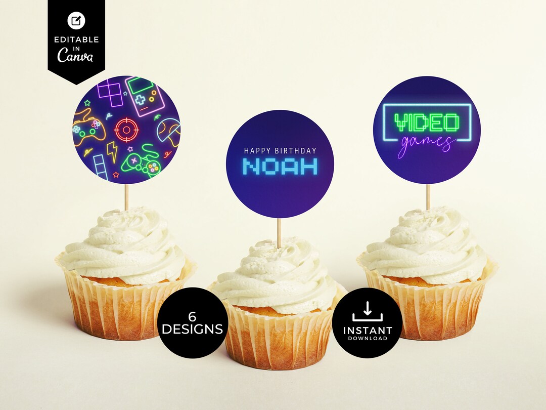 Arcade Cupcake Toppers, Video Game Birthday Party, Canva Template ...