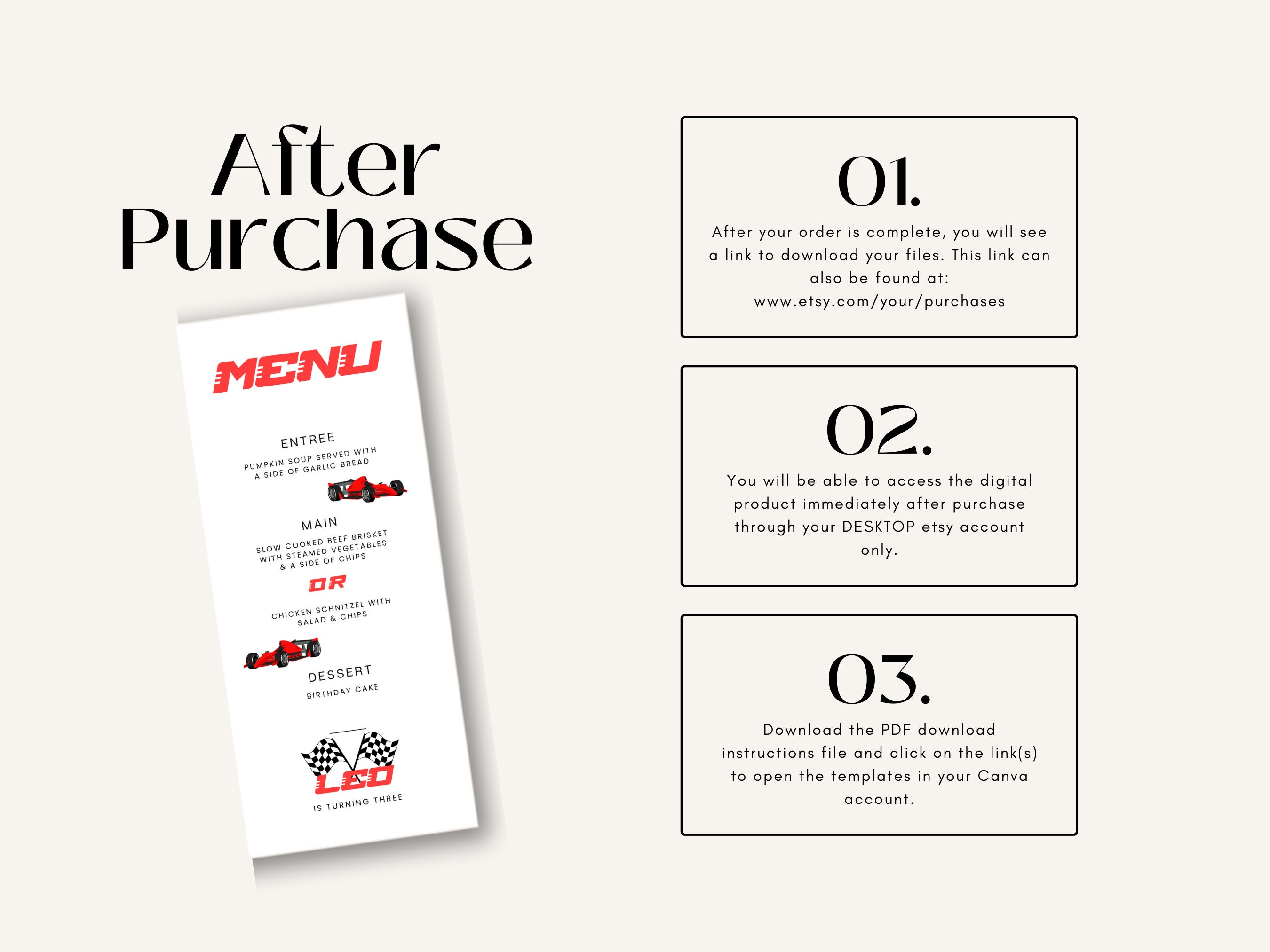 Race Car Birthday Party Menu, Racing Driver Party, Canva Template, Kids ...