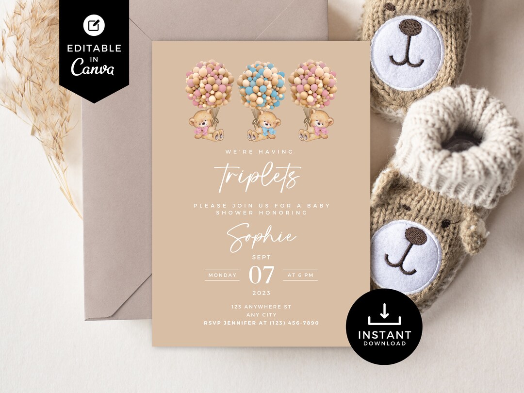 Bear Triplets Baby Shower Invitation, Balloons Teddy Bear Invite, Canva ...