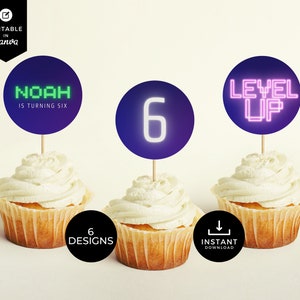 Arcade Cupcake Toppers, Video Game Birthday Party, Canva Template ...