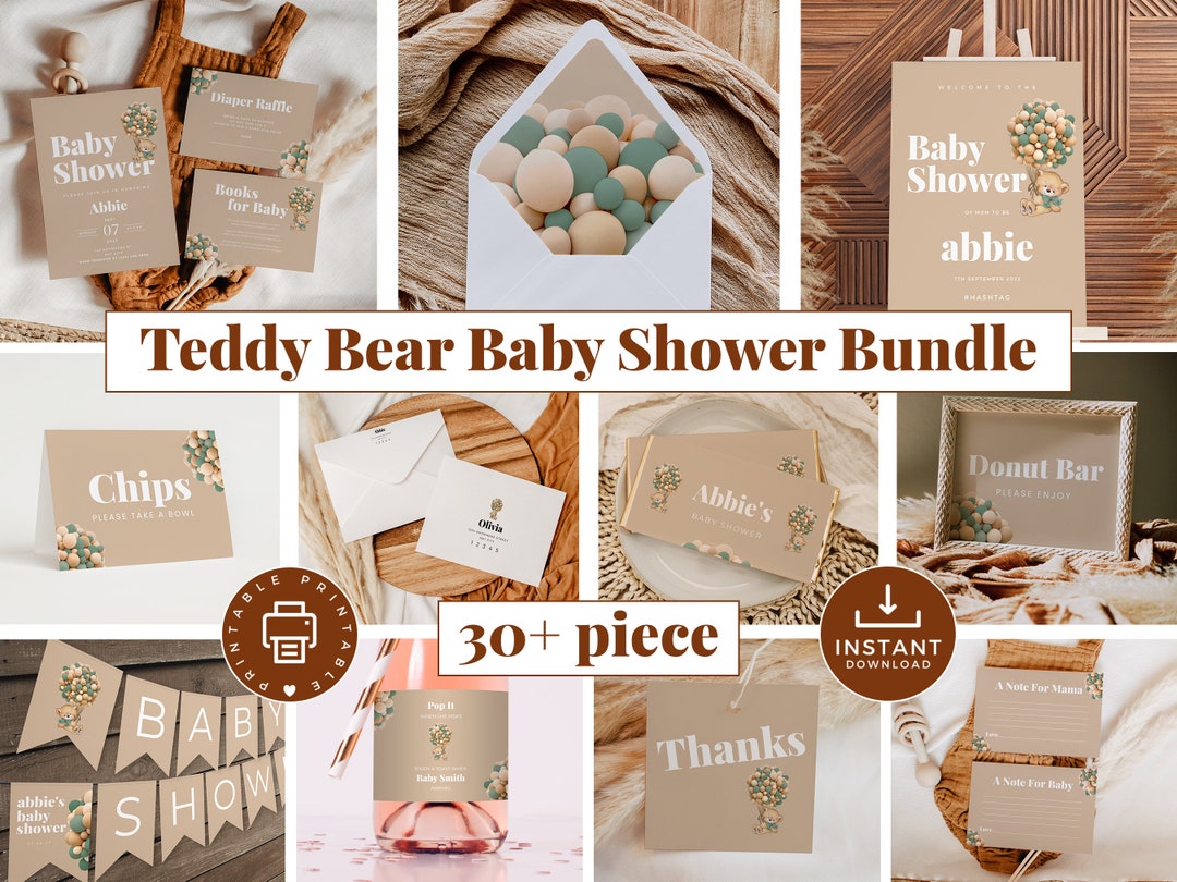Teddy Bear Baby Shower Bundle, Teddy Bear Balloons, Canva Template ...
