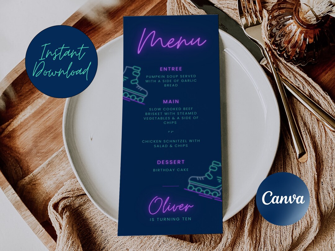Roller Skate Birthday Party Menu, Skating Rink Party, Canva Template ...