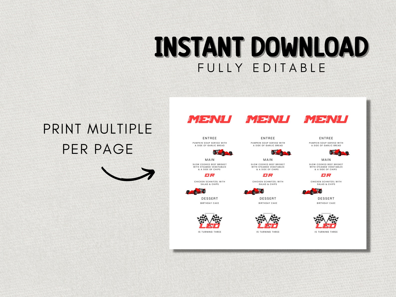 Race Car Birthday Party Menu, Racing Driver Party, Canva Template, Kids ...
