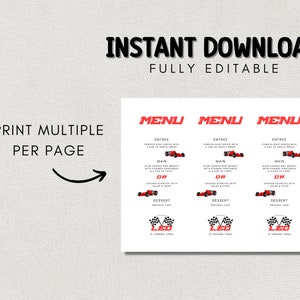 Race Car Birthday Party Menu, Racing Driver Party, Canva Template, Kids ...