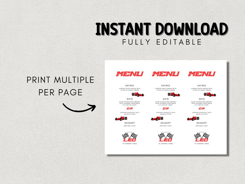 Race Car Birthday Party Menu, Racing Driver Party, Canva Template, Kids ...