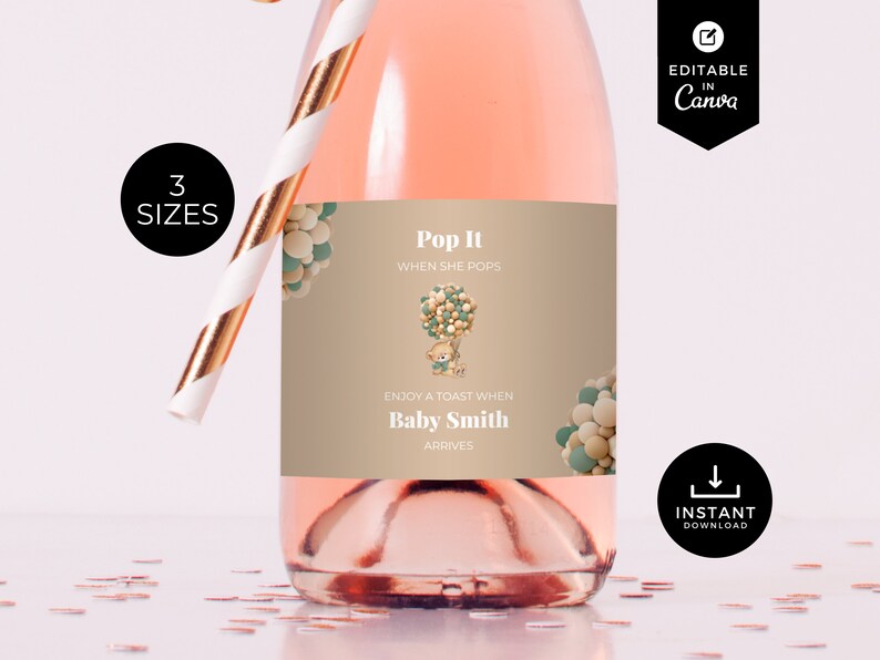 Bear Baby Shower Champagne Label, Wine Label, Teddy Bear Balloons ...