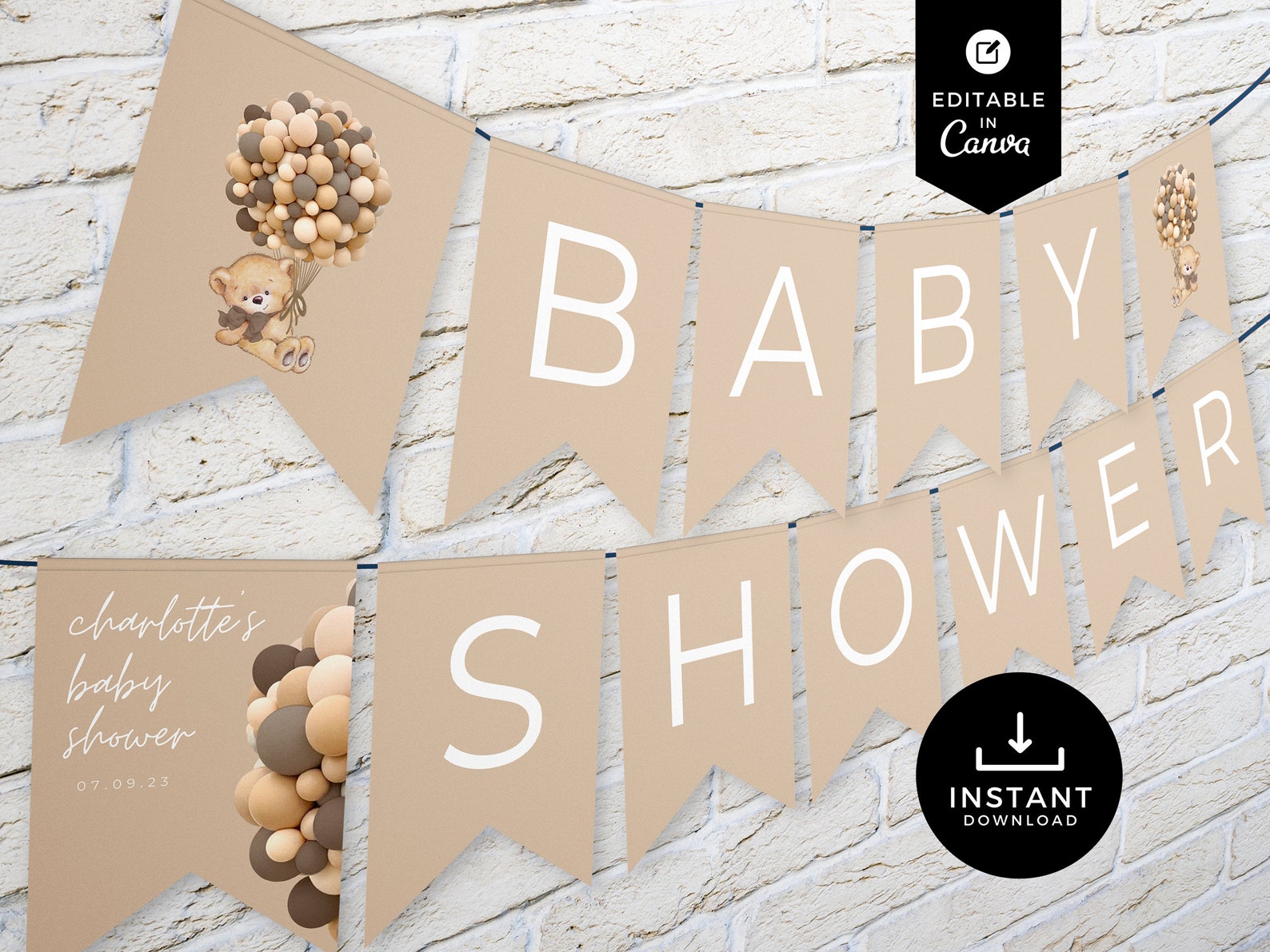 Bear Baby Shower Bunting, Teddy Bear, Garland, Canva Template, Flag ...