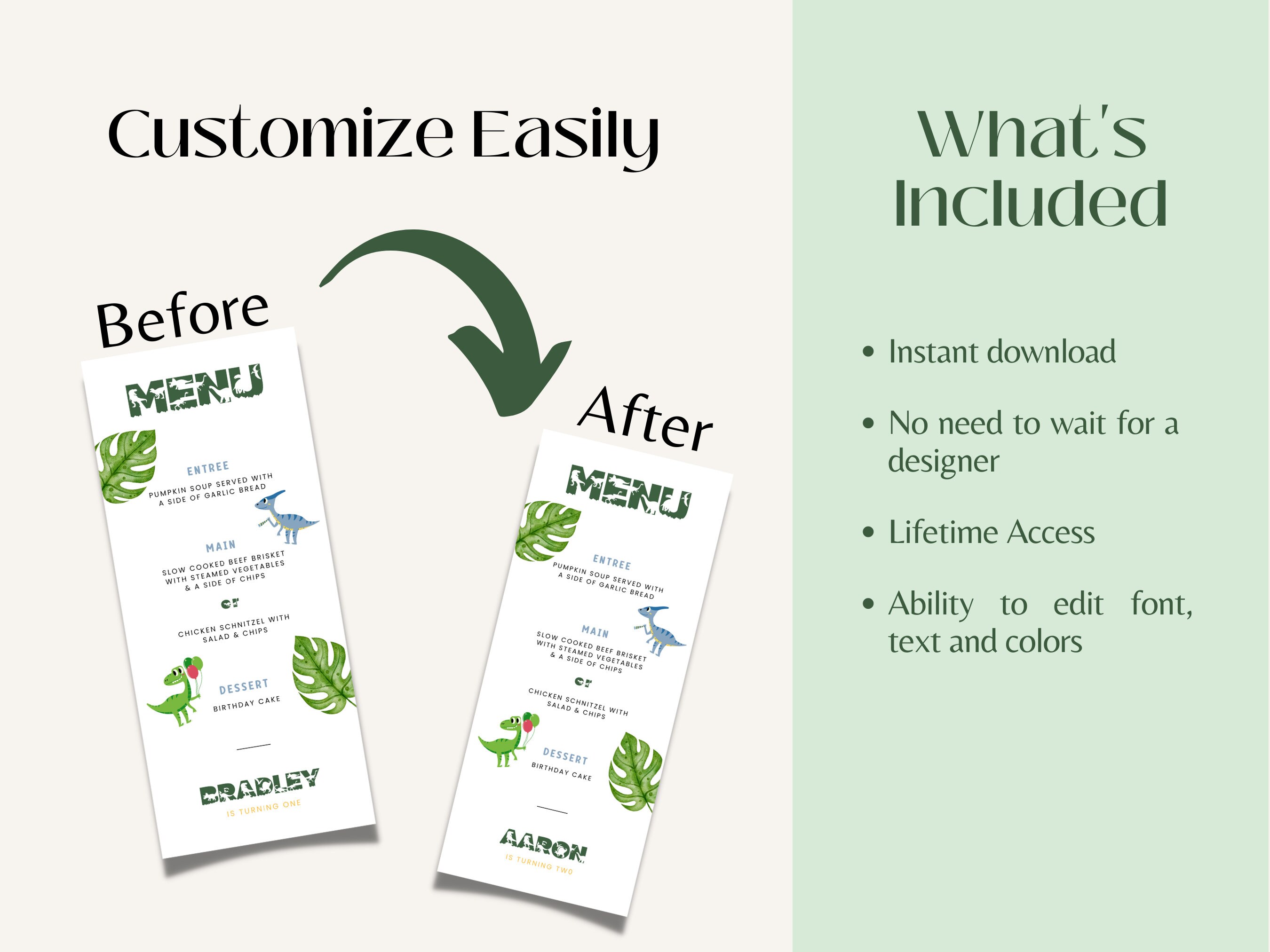 Dinosaur Birthday Party Menu, Little Dino Party, Canva Template, Kids ...