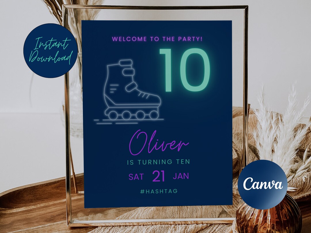 Roller Skates Welcome Sign, Skating Rink Birthday Party, Canva Template ...