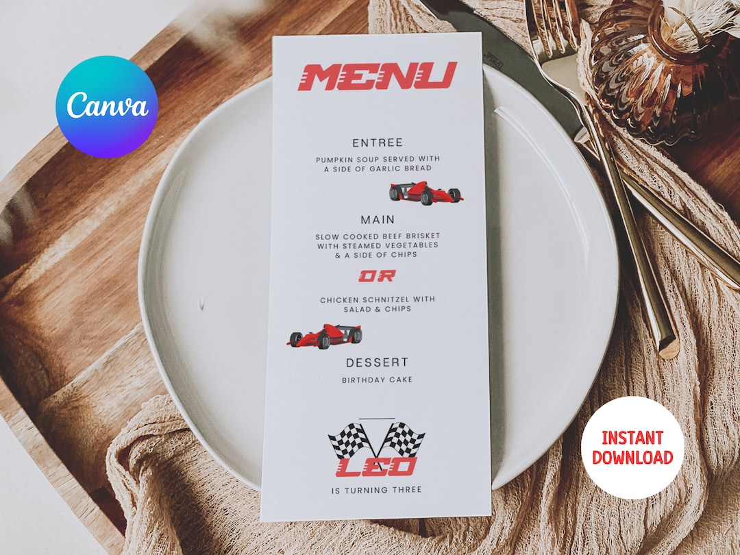 Race Car Birthday Party Menu, Racing Driver Party, Canva Template, Kids ...