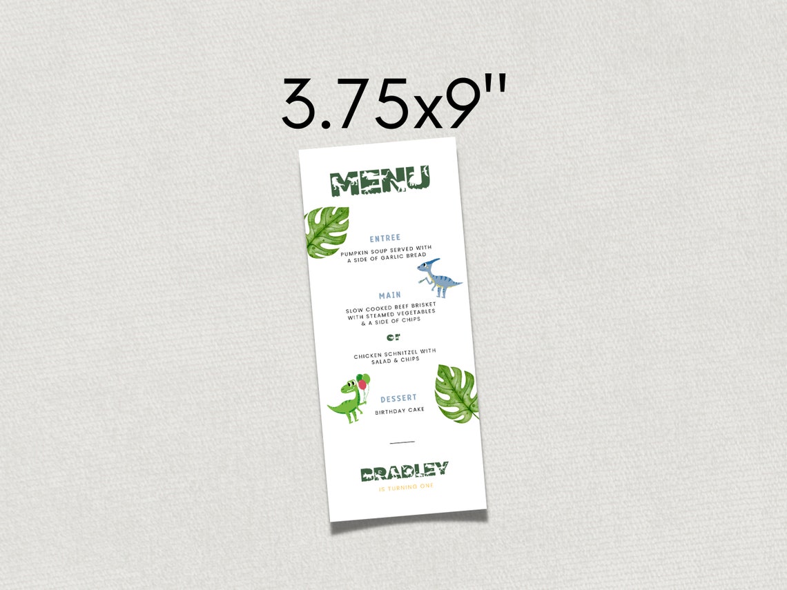 Dinosaur Birthday Party Menu, Little Dino Party, Canva Template, Kids ...