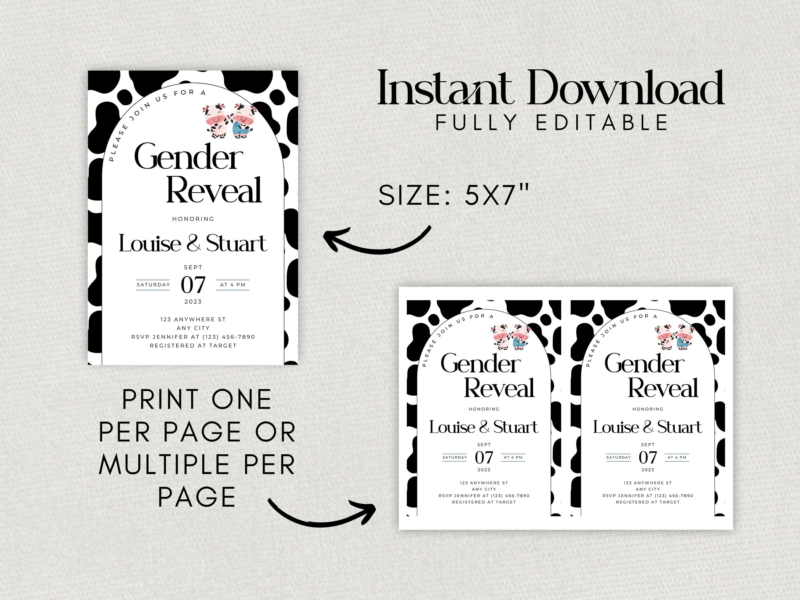 Cow Gender Reveal Invitation, Baby Shower Invite, Canva Template ...