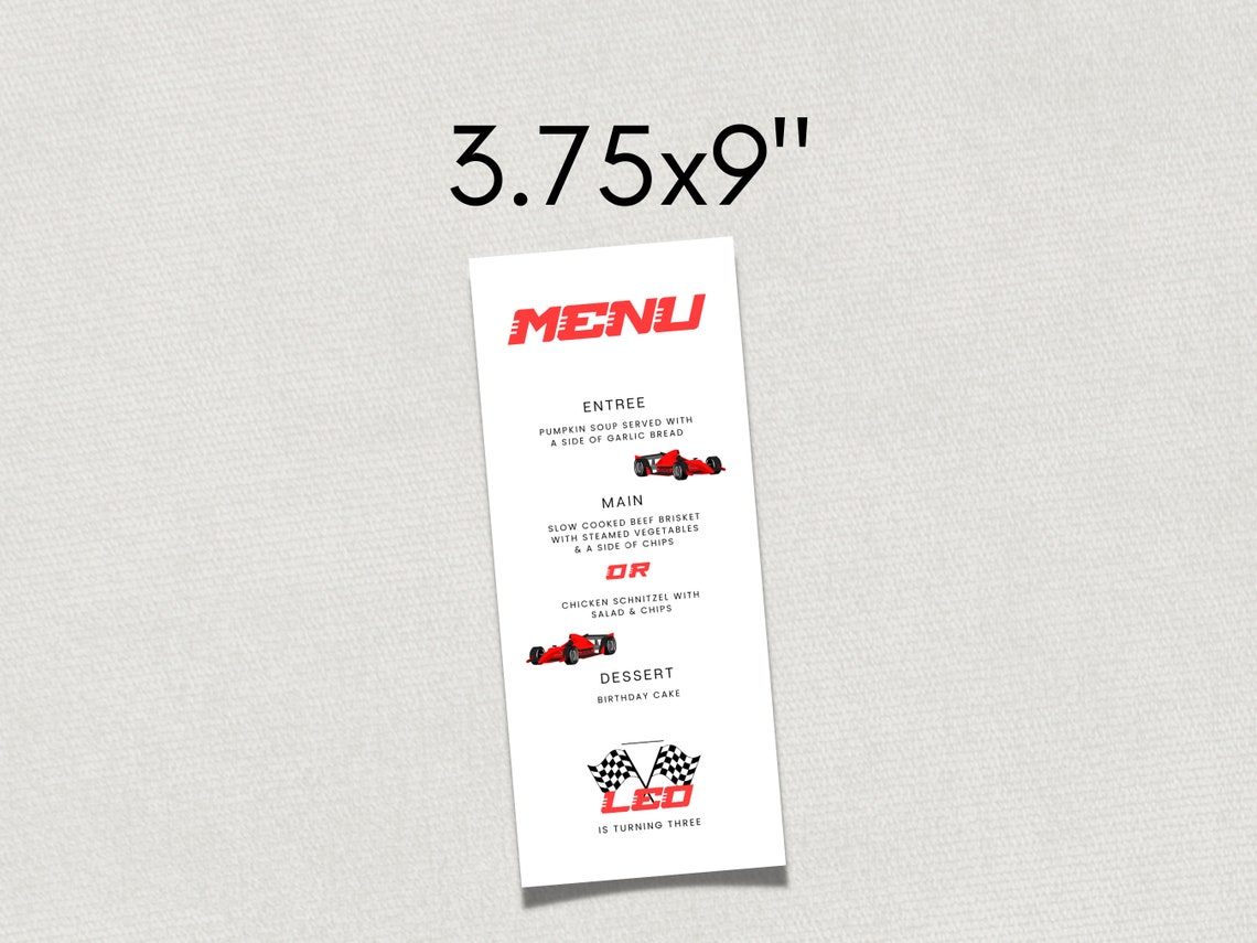Race Car Birthday Party Menu, Racing Driver Party, Canva Template, Kids ...