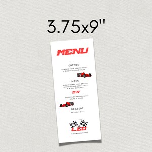 Race Car Birthday Party Menu, Racing Driver Party, Canva Template, Kids ...