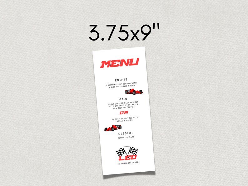 Race Car Birthday Party Menu, Racing Driver Party, Canva Template, Kids ...