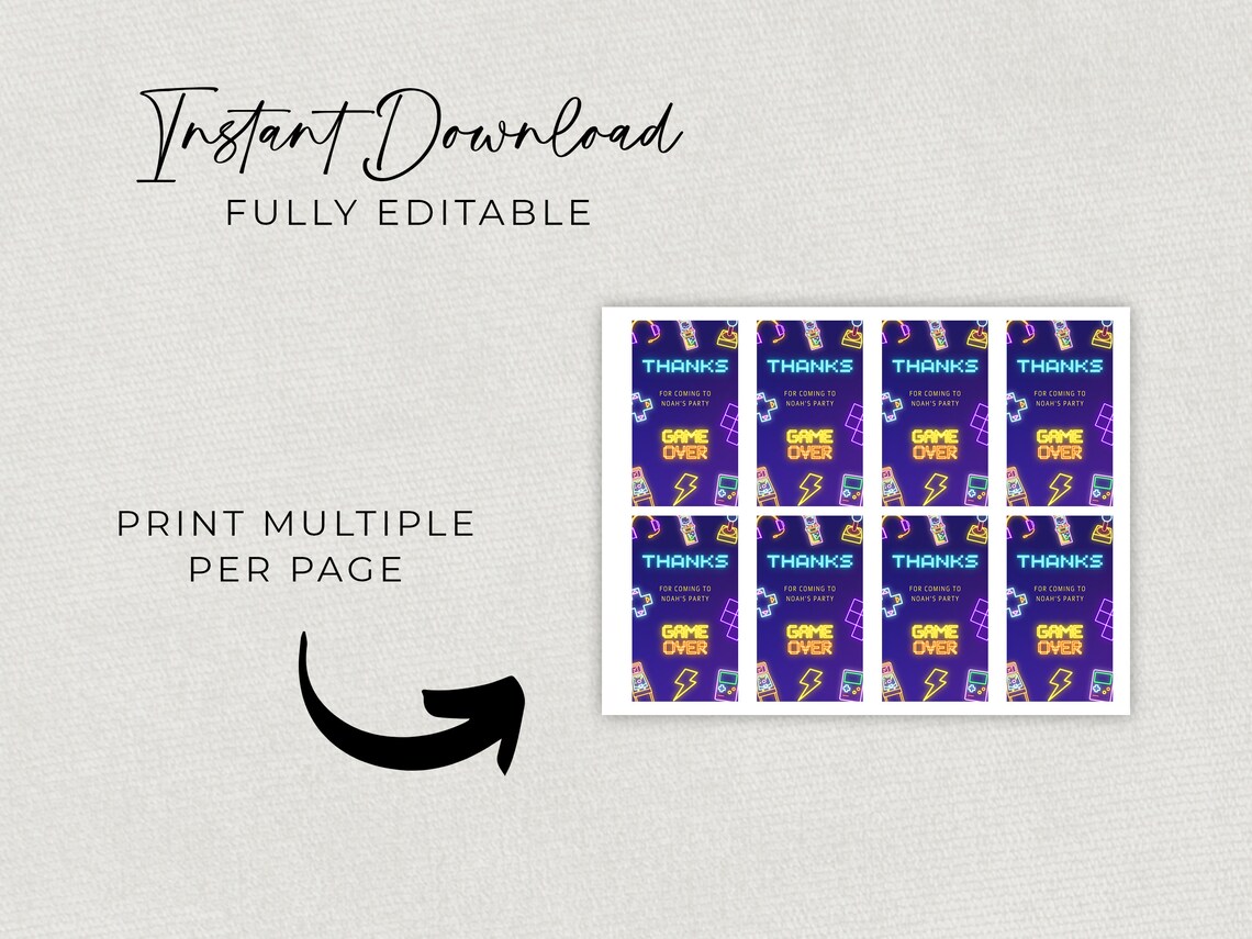 Arcade Party Bag Topper, Favor Tag, Treat Bag, Gamer Bday Party, Glow ...