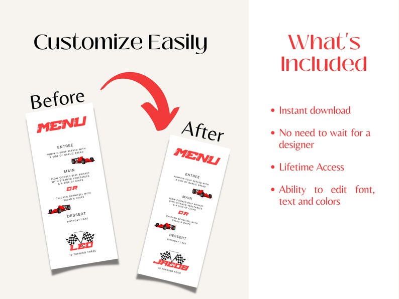 Race Car Birthday Party Menu, Racing Driver Party, Canva Template, Kids ...