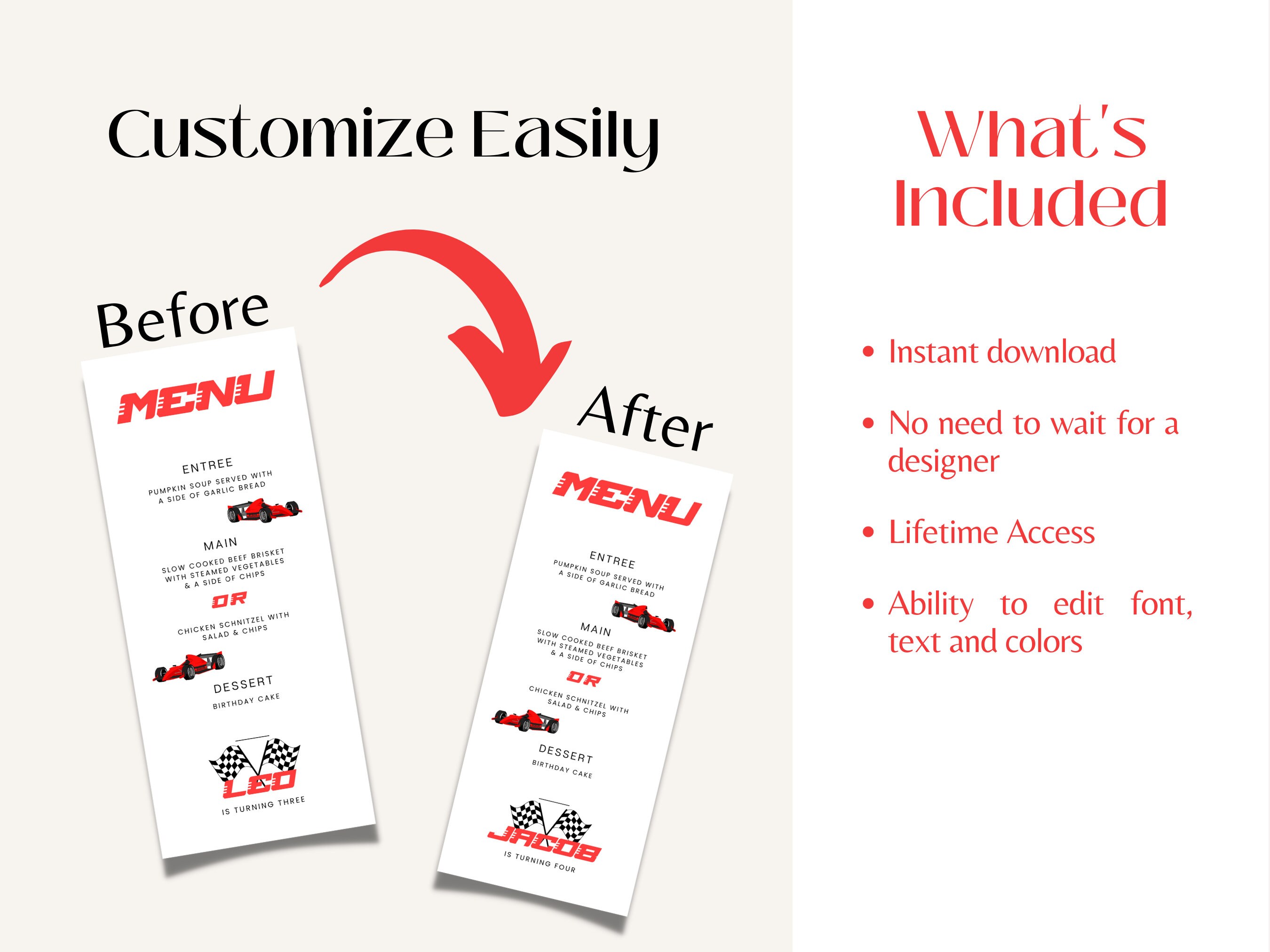 Race Car Birthday Party Menu, Racing Driver Party, Canva Template, Kids ...