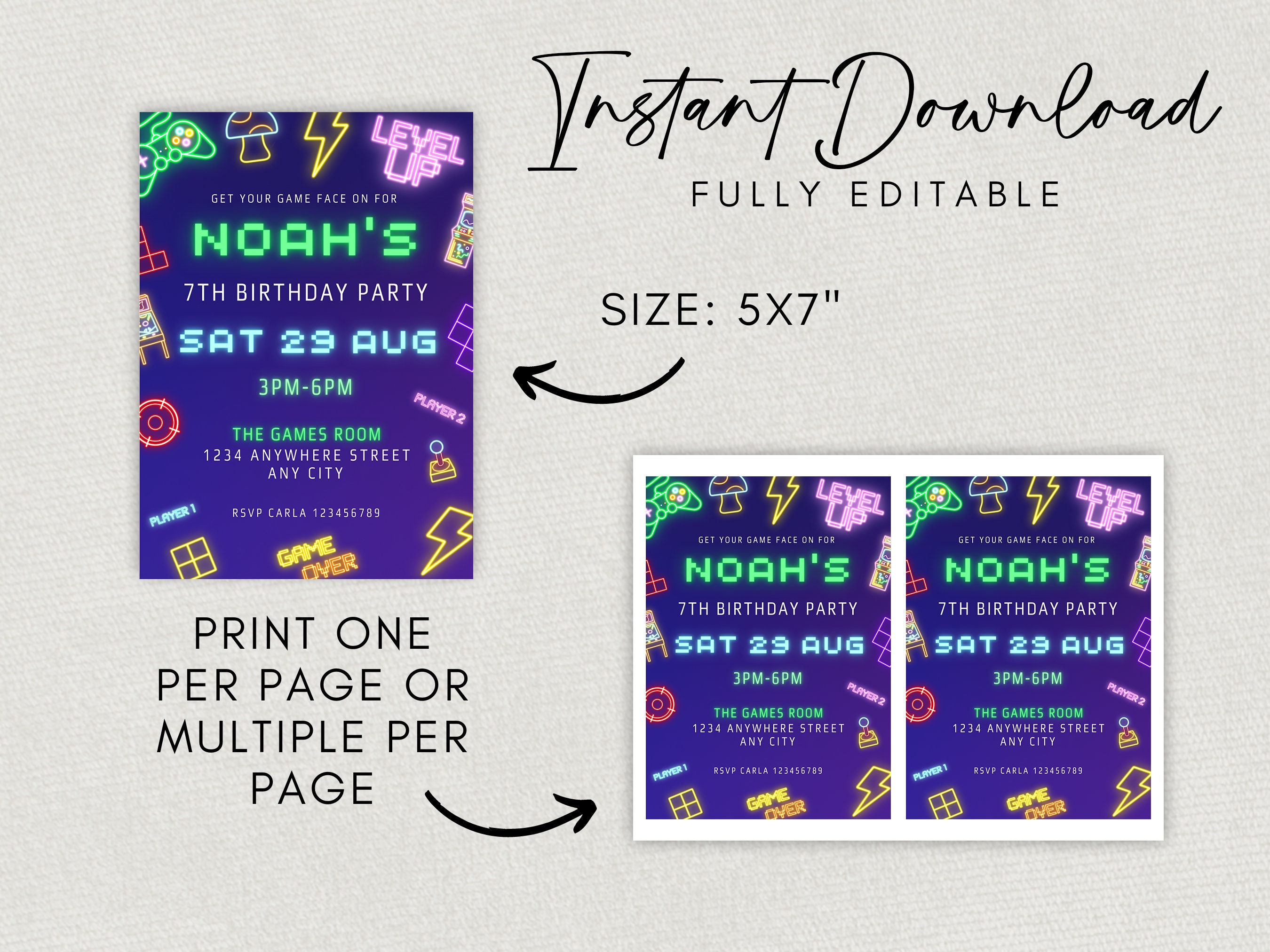 7th Birthday Invitation, Seventh Birthday Invite, Arcade Birthday Party ...