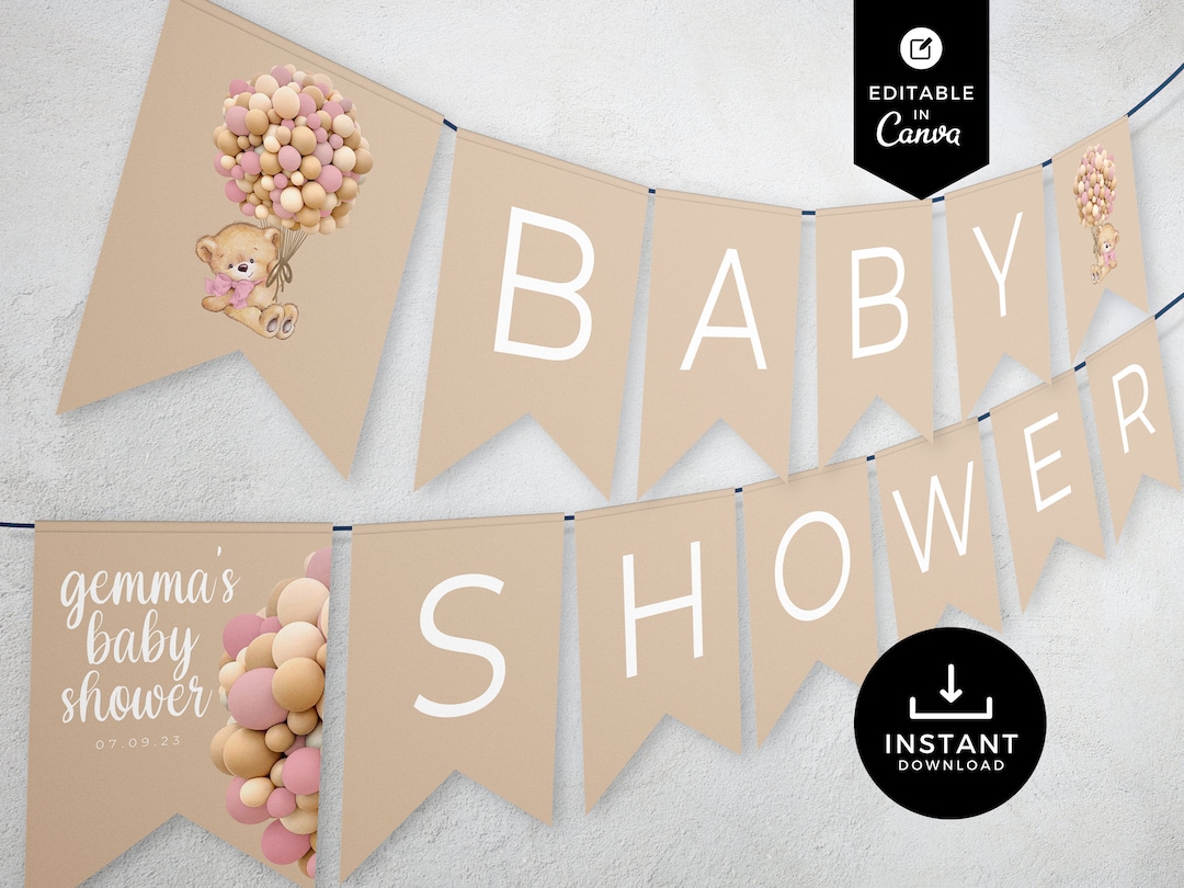 Bear Baby Shower Bunting, Teddy Bear Balloons, Garland, Canva Template ...