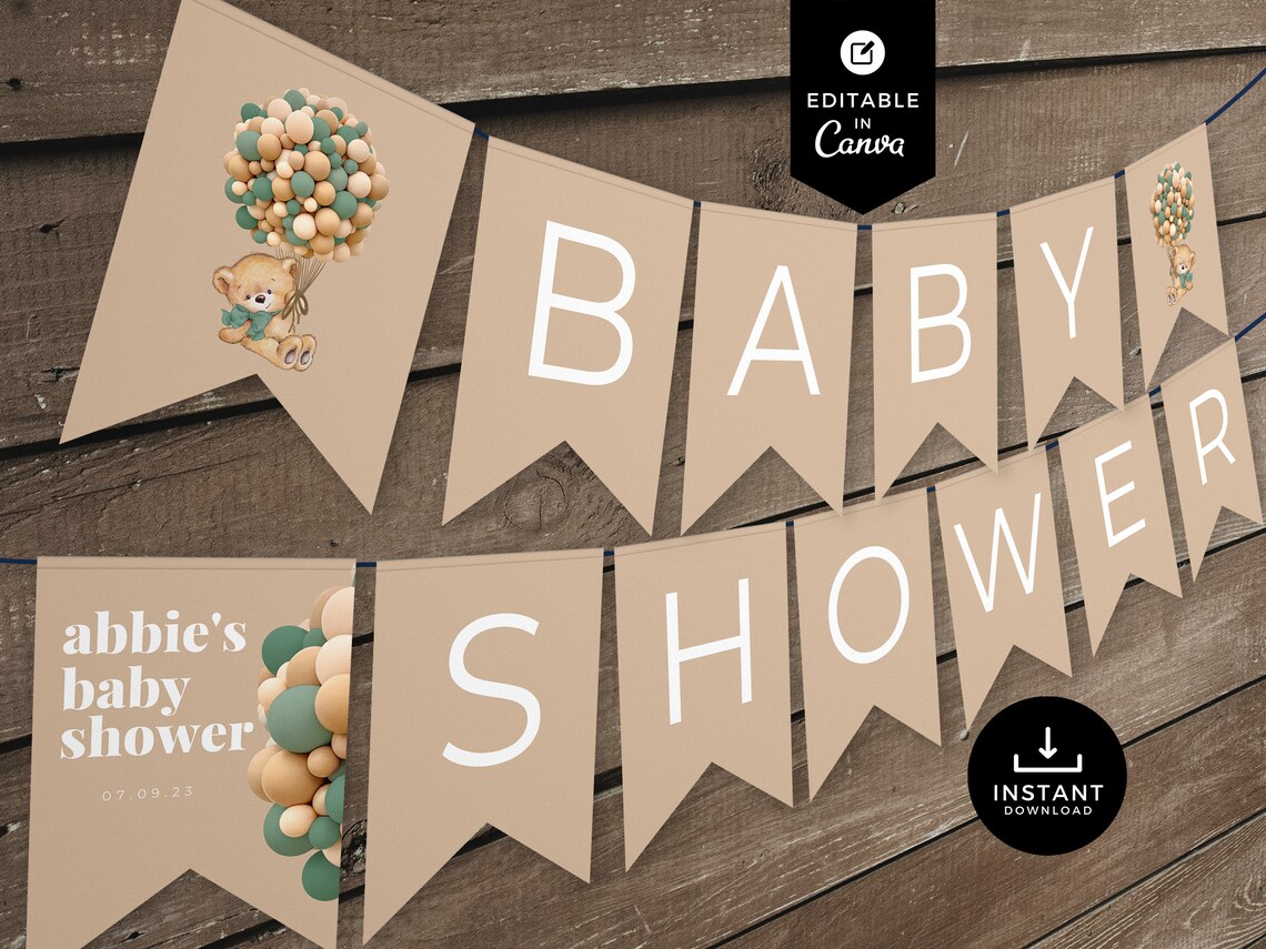 Bear Baby Shower Bunting, Teddy Bear, Garland, Canva Template, Flag ...