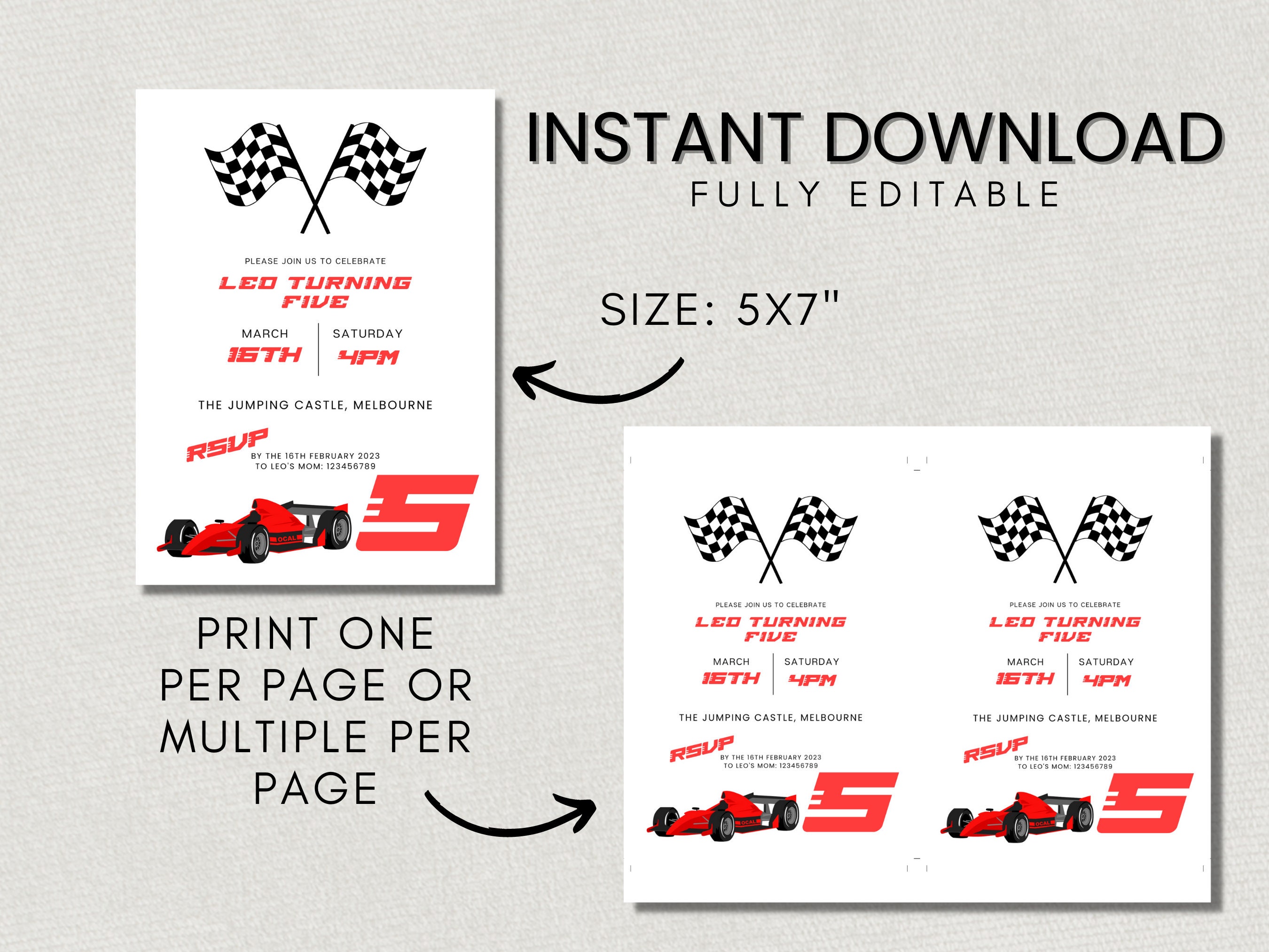5th Birthday Invitation, Fifth Birthday Invite, Race Car Birthday Party ...