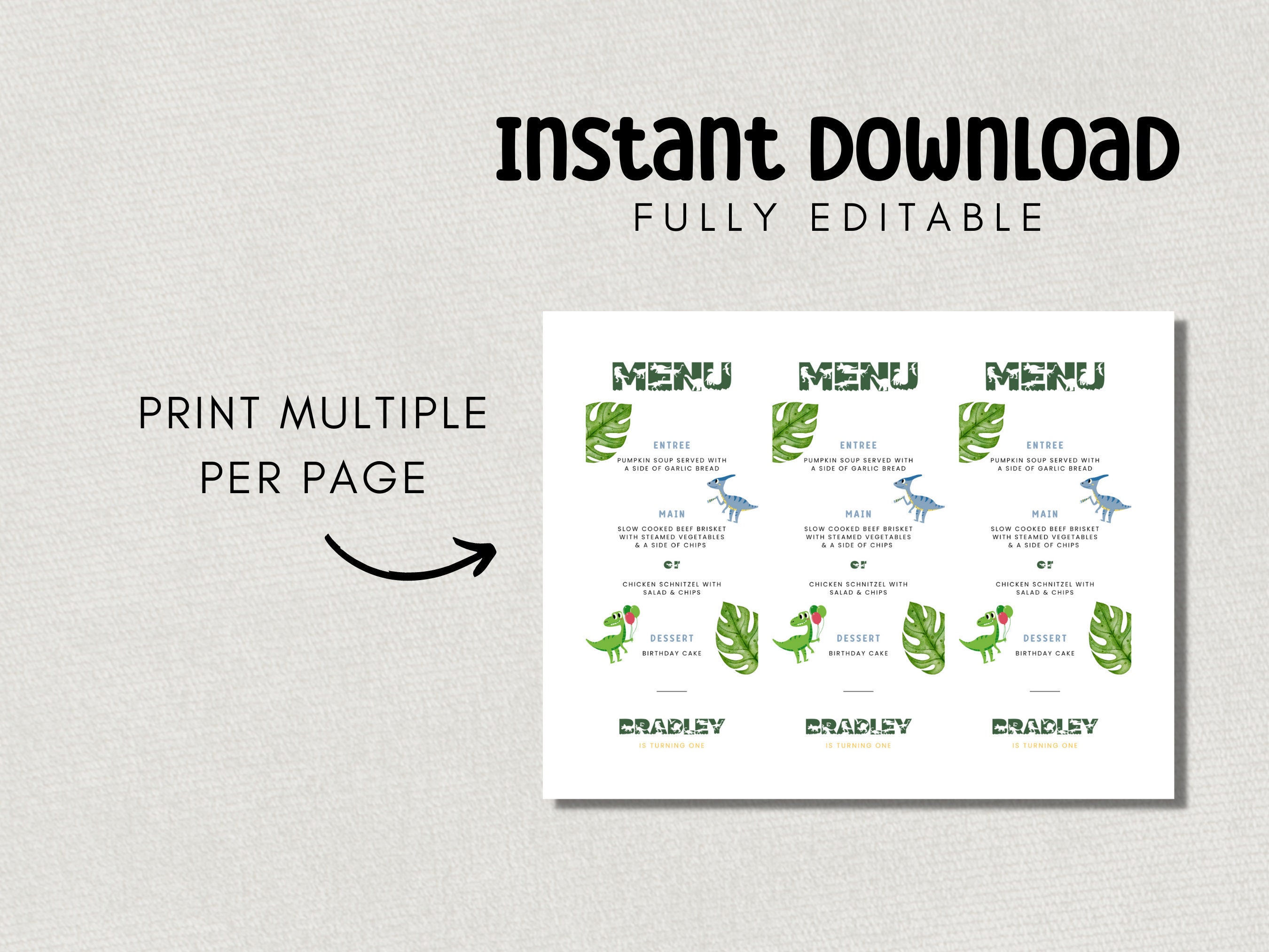 Dinosaur Birthday Party Menu, Little Dino Party, Canva Template, Kids ...