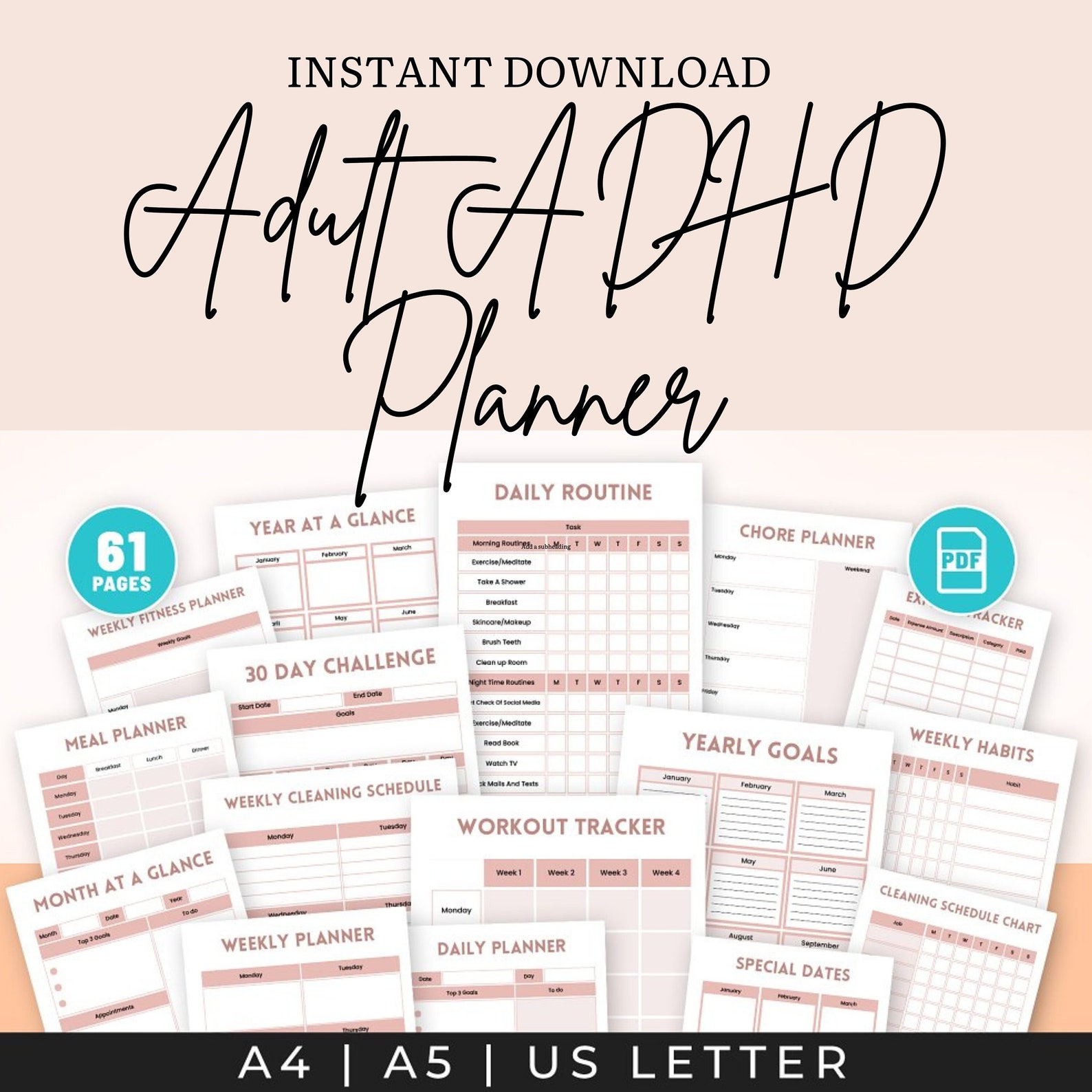 ADHD Planner, PRINTABLE Adult ADHD Journal, Organizer, Daily Planner ...