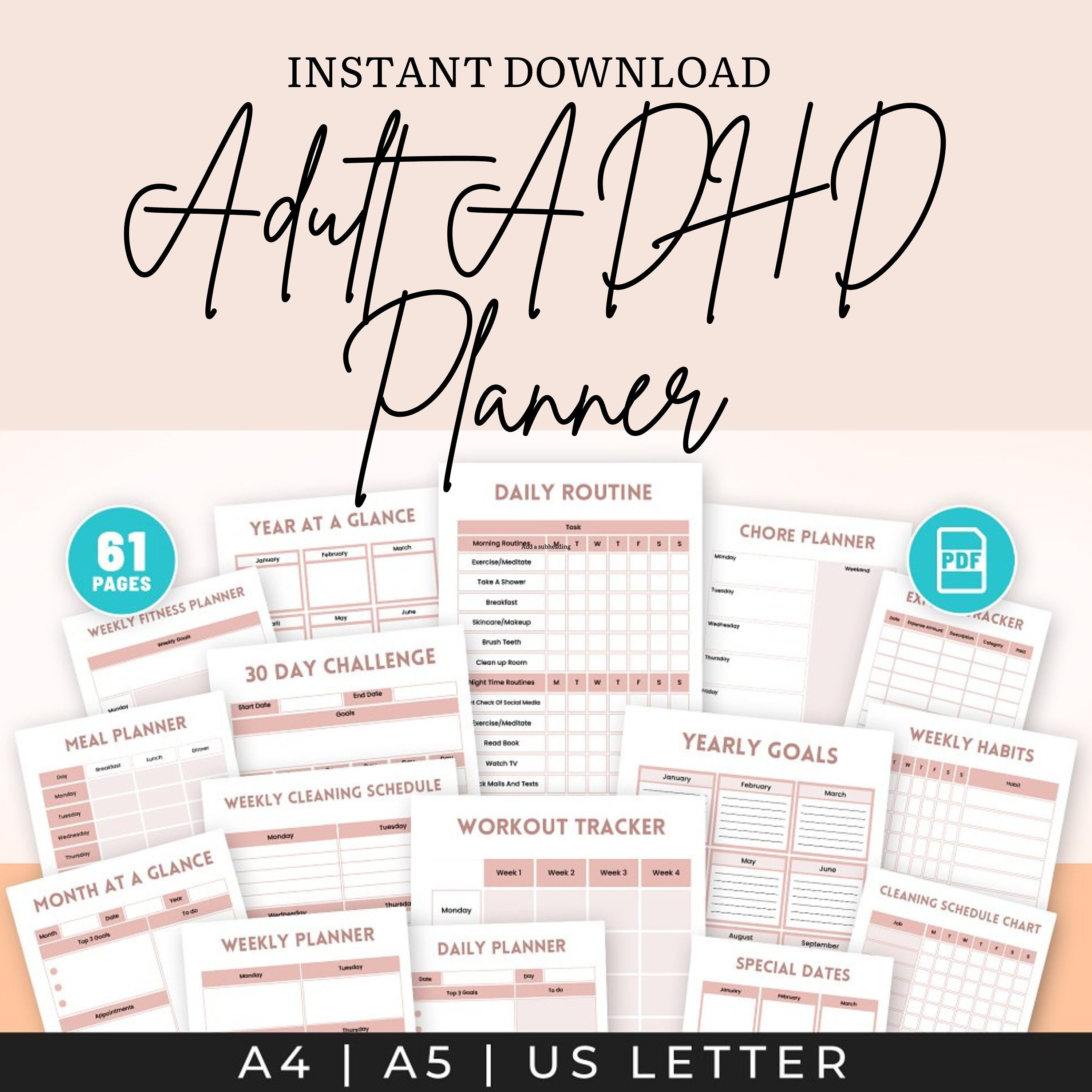 ADHD Planner, PRINTABLE Adult ADHD Journal, Organizer, Daily Planner ...