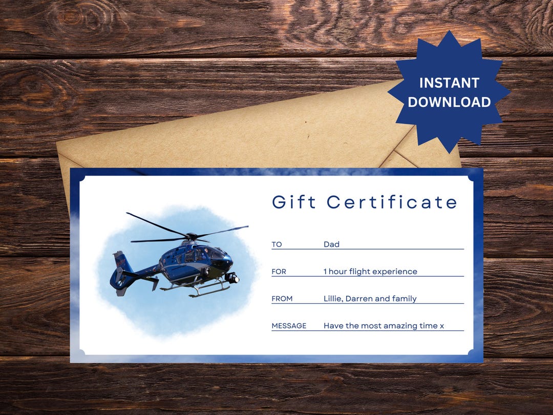 Helicopter Flight Gift Certificate Coupon, Acitivity, for Her Him ...