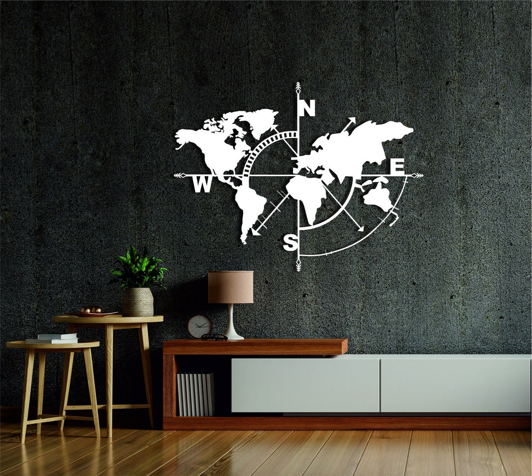 Contemporary Design World Map, Industrial Wall Decor, World Map Compass ...