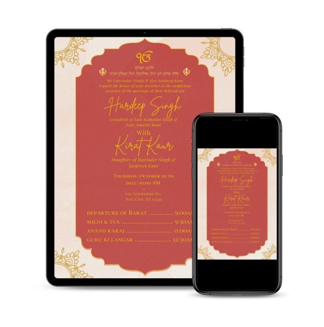 Anand Karaj Sikh Wedding Invitation - Digital Invite | Multiple Colour ...