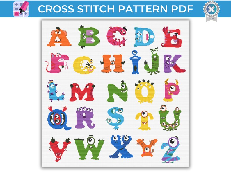 26 Letters Fun Monsters Alphabet Cross Stitch Kids Embroidery Patterns ...