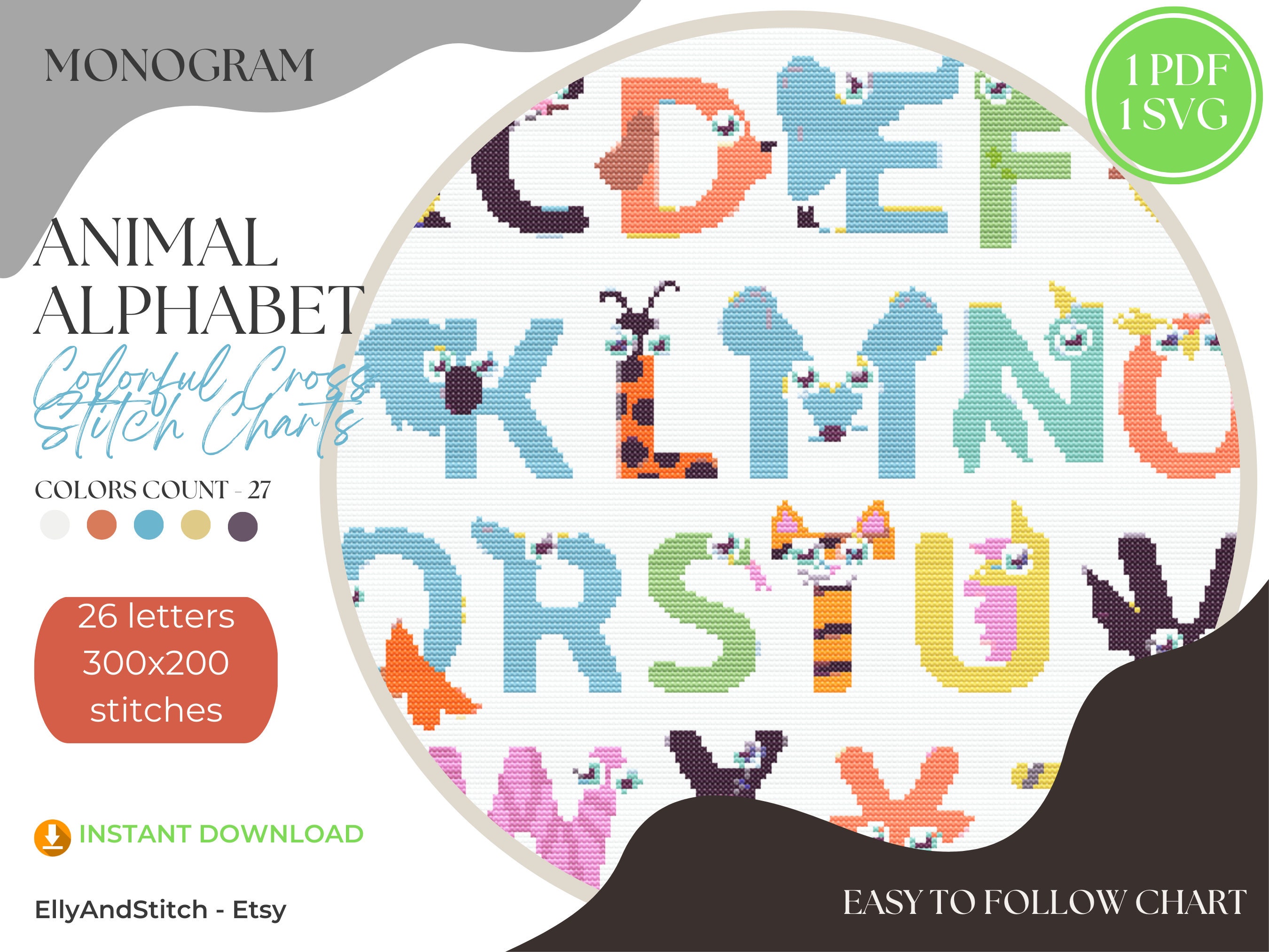 Easy Animal Alphabet Cross Stitch Kids Downloadable Pattern - 26 ...