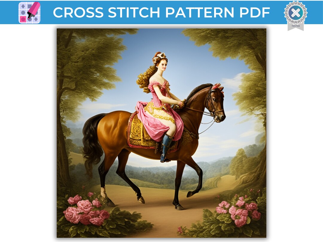 Rococo Lady on Horse Cross Stitch Pattern: Full Coverage Embroidery ...