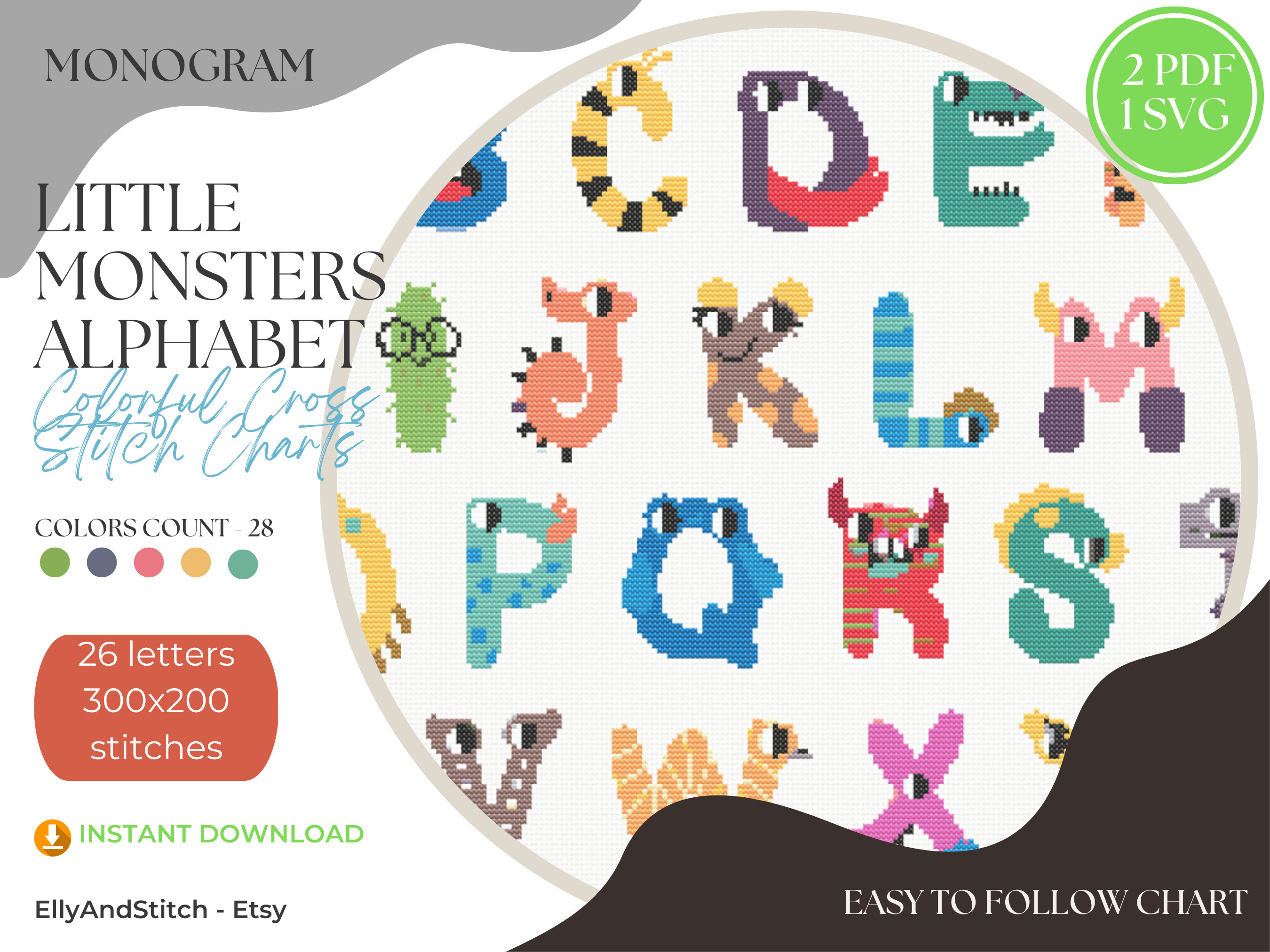26 Letters Little Monsters Alphabet Cross Stitch Kids Embroidery ...